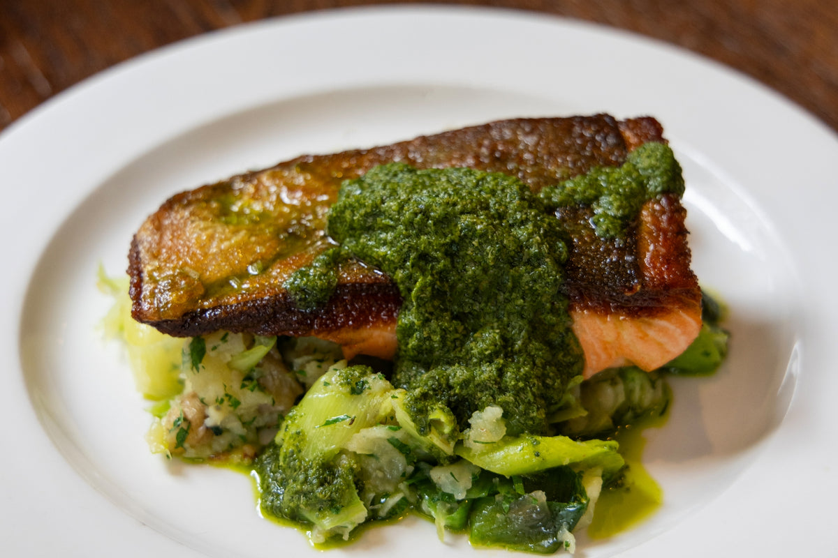 Steelhead trout, crushed potatoes, leeks, salsa verde – Wright Brothers ...