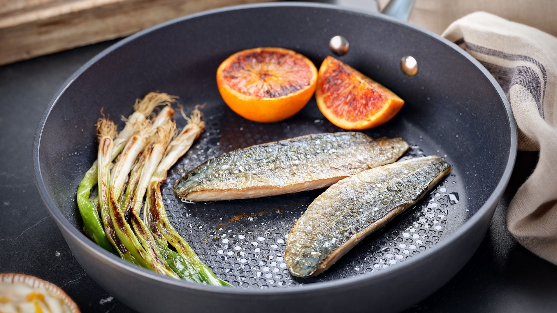 Pan Fried Mackerel with Charred Spring Onions & Burnt Blood Orange Aio ...